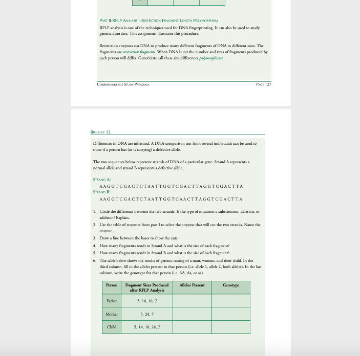 Solved PART II:RFLP ANALYSIS - RESTRICTION FRAGMENT LENGTH | Chegg.com
