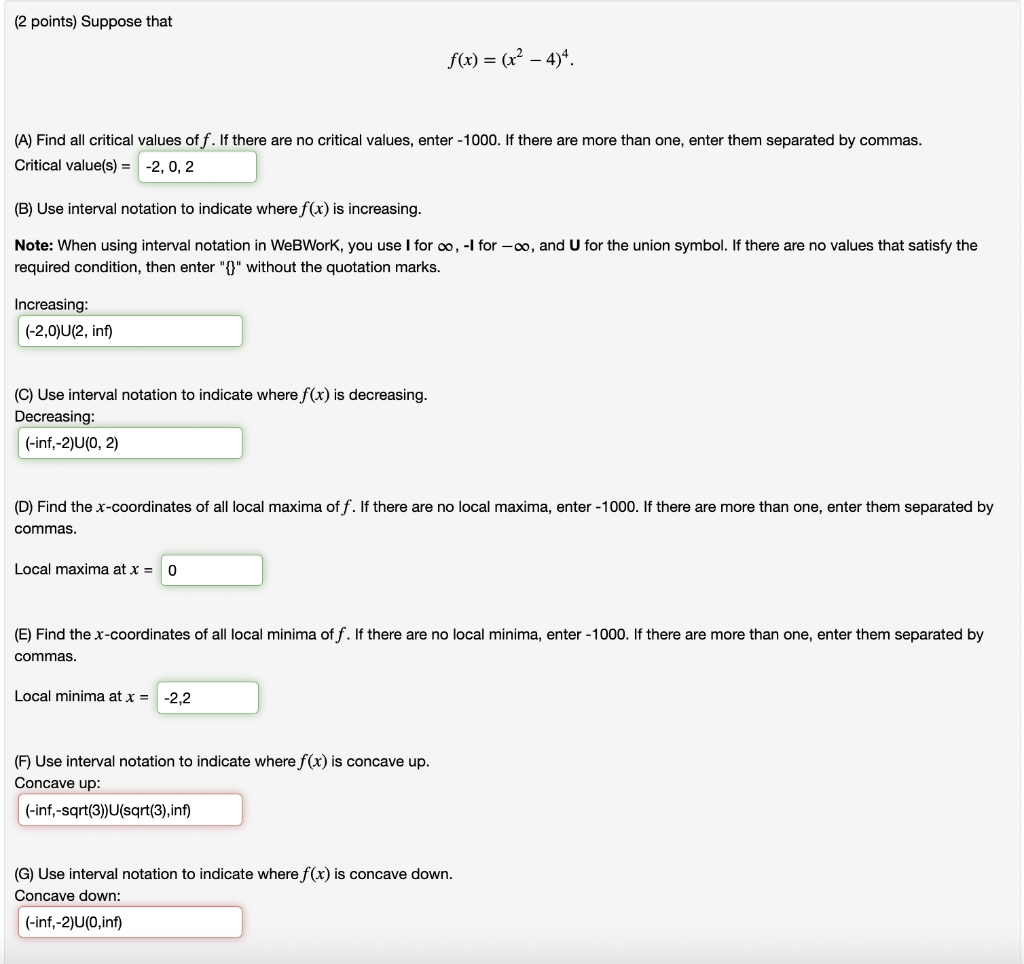 Solved (2 points) Suppose that f(x)=(x2−4)4. (A) Find all | Chegg.com