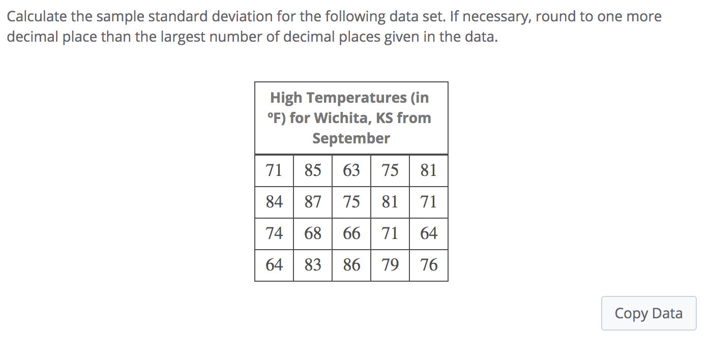 Solved Calculate the sample standard deviation for the | Chegg.com