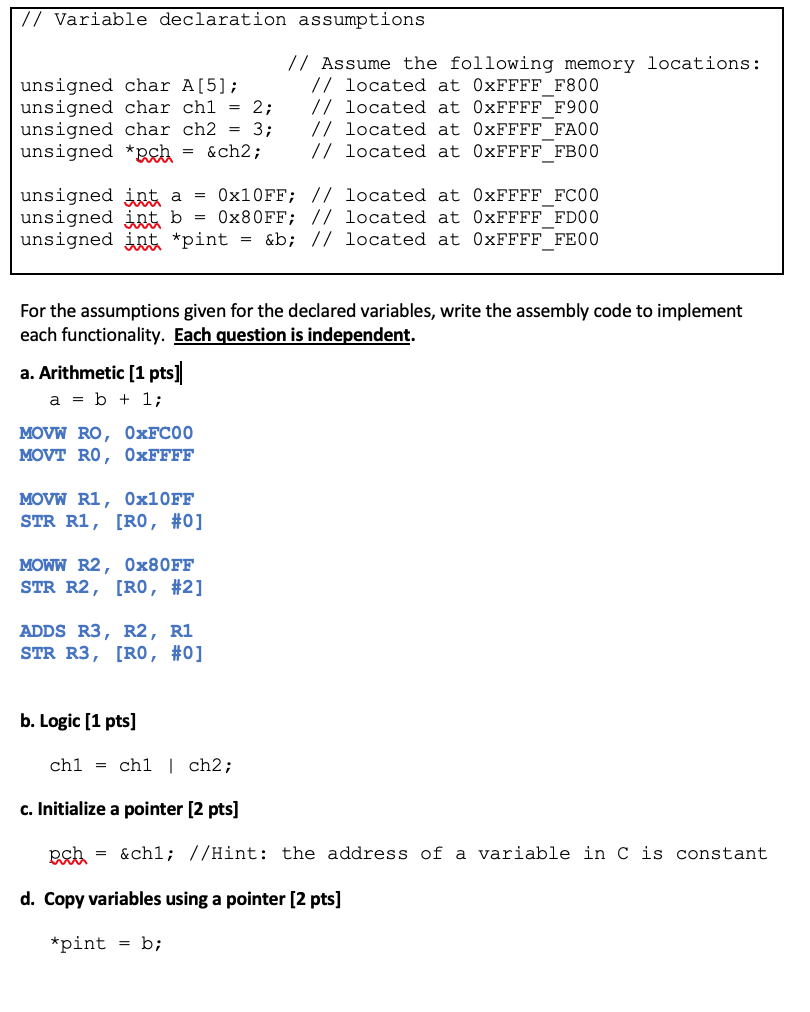 171 Variable declaration assumptions unsigned char | Chegg.com
