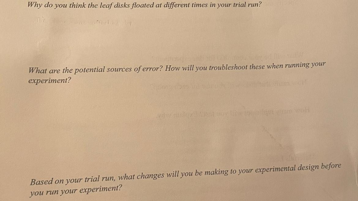Solved In leaf disk experiment: (to determine the effect of | Chegg.com