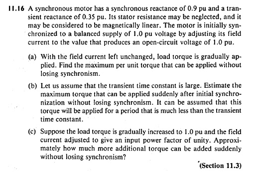 Solved 11.16 A synchronous motor has a synchronous reactance | Chegg.com