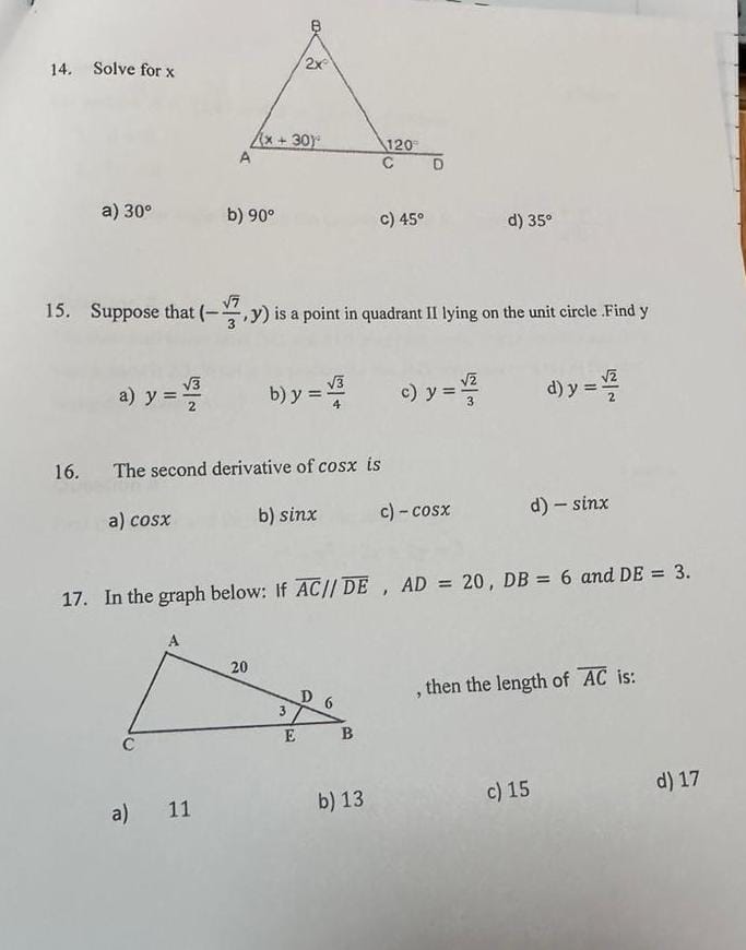 Solved 14. Solve for \\( \\mathrm{x} \\) a) \\( 30^{\\circ} | Chegg.com