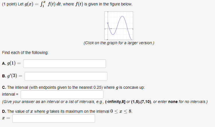 Solved (1 point) Let g(x) = f* f(t) dt, where f(t) is given | Chegg.com