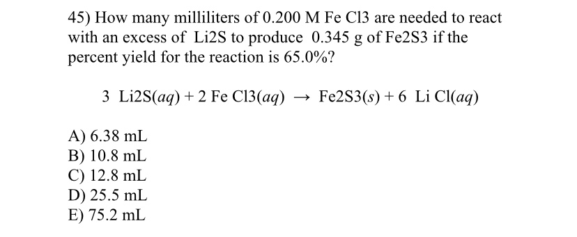 Solved 45) How many milliliters of 0.200 M Fe C13 are needed | Chegg.com