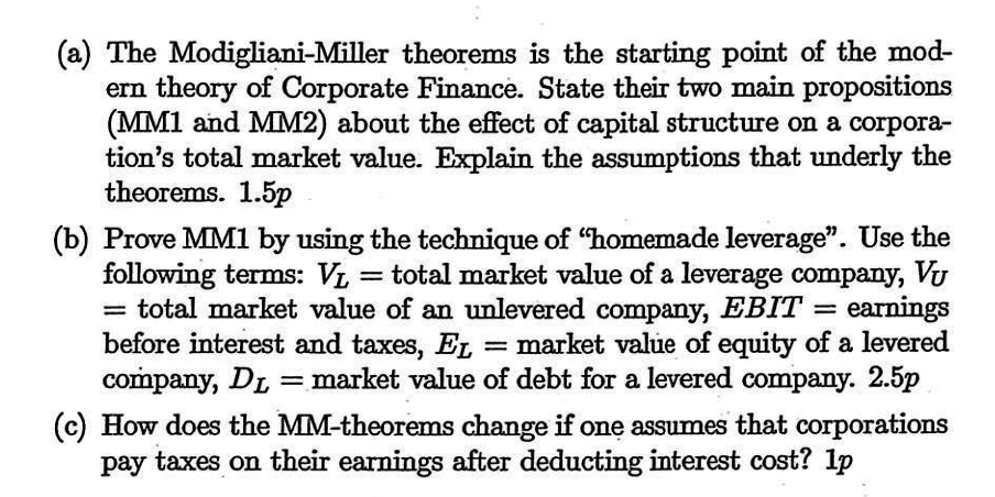 (a) The Modigliani-Miller theorems is the starting | Chegg.com
