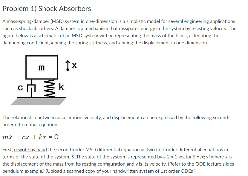 Solved A mass-spring-damper (MSD) system in one-dimension is | Chegg.com