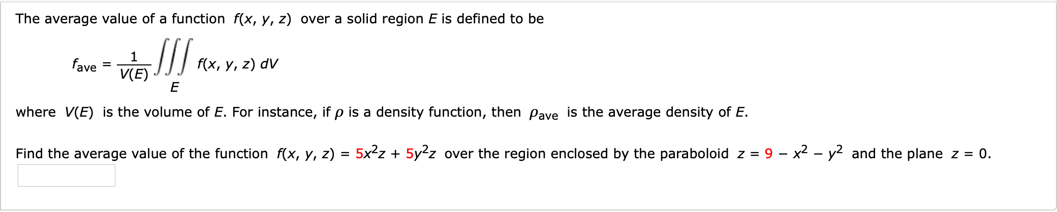 Solved The average value of a function f(x, y, z) over a | Chegg.com