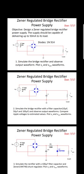 Solved Zener Regulated Bridge Rectifier Power Supply Due: | Chegg.com