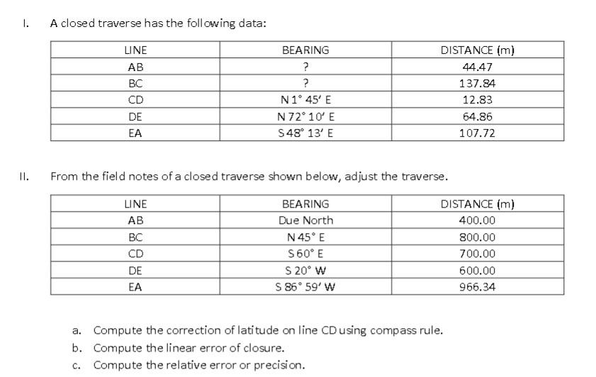 Solved I. A closed traverse has the following data: LINE AB | Chegg.com