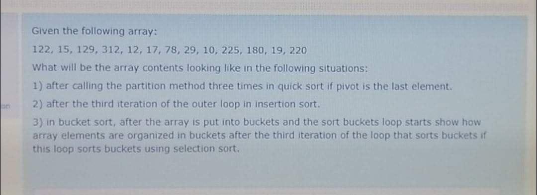 Solved Given the following array: 122, 15, 129, 312, 12, 17, | Chegg.com