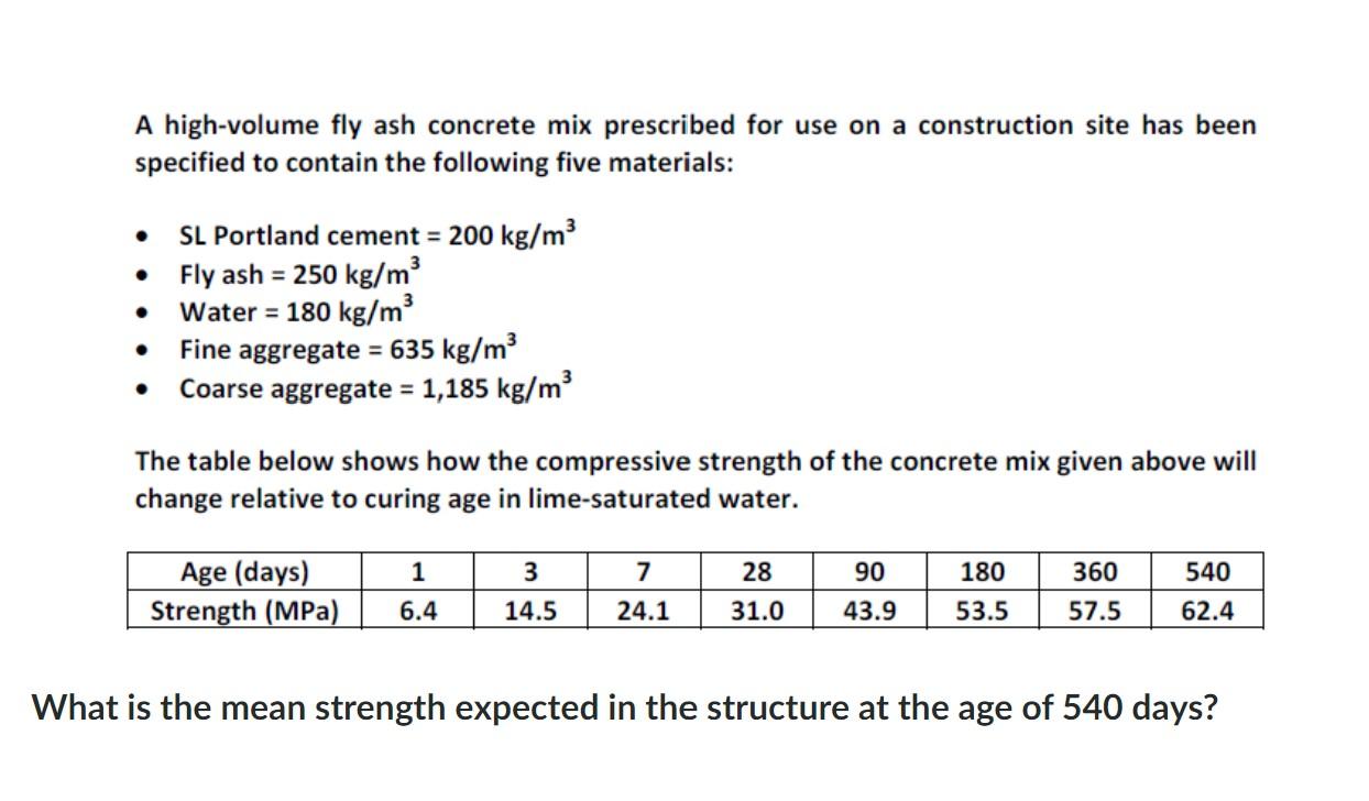 Solved A high-volume fly ash concrete mix prescribed for use | Chegg.com