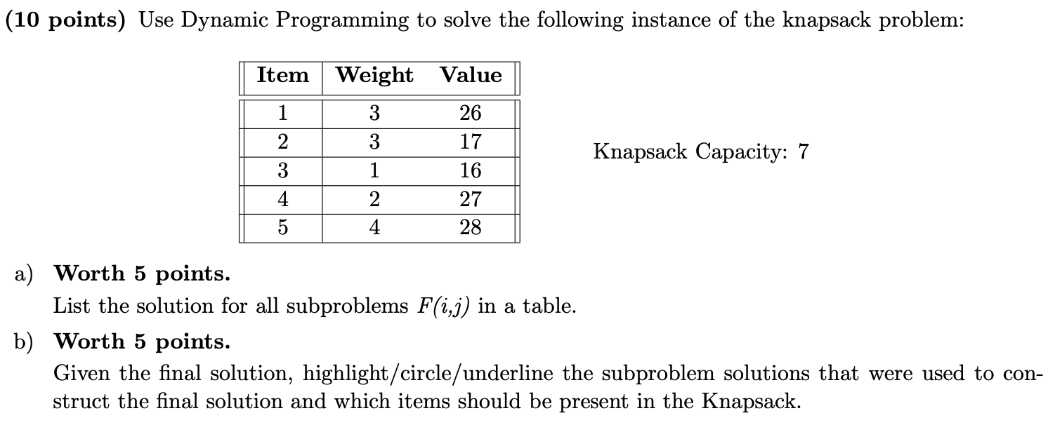 Solved (10 points) Use Dynamic Programming to solve the | Chegg.com
