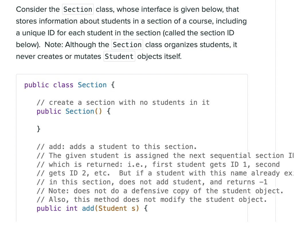 Solved Q8 Implement Section class / big-O 25 Points [Java] | Chegg.com