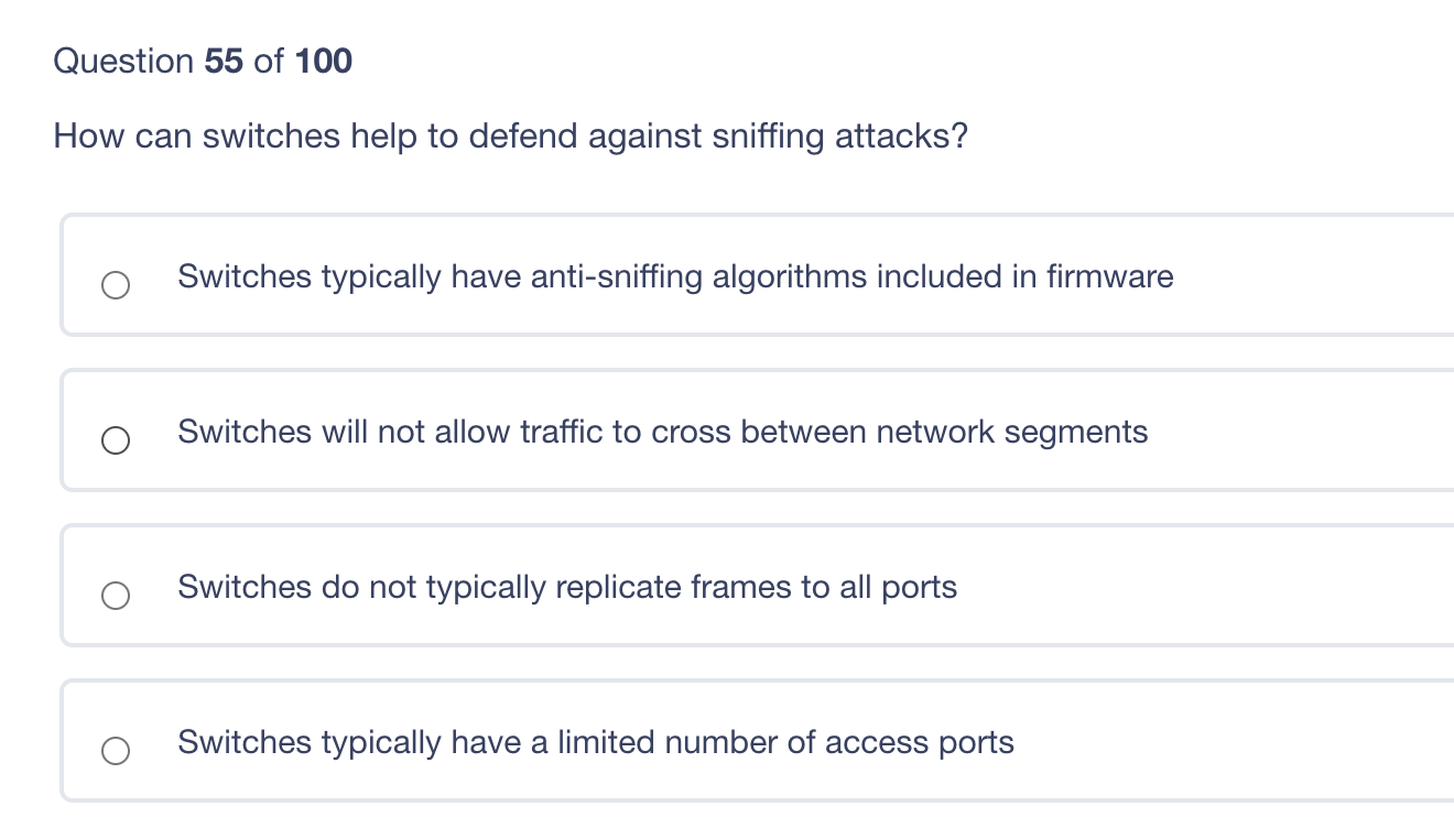 Solved Question 55 of 100 How can switches help to defend | Chegg.com