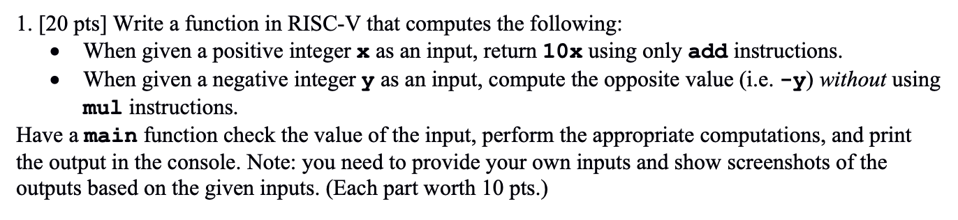 . 1. [20 pts] Write a function in RISC-V that | Chegg.com