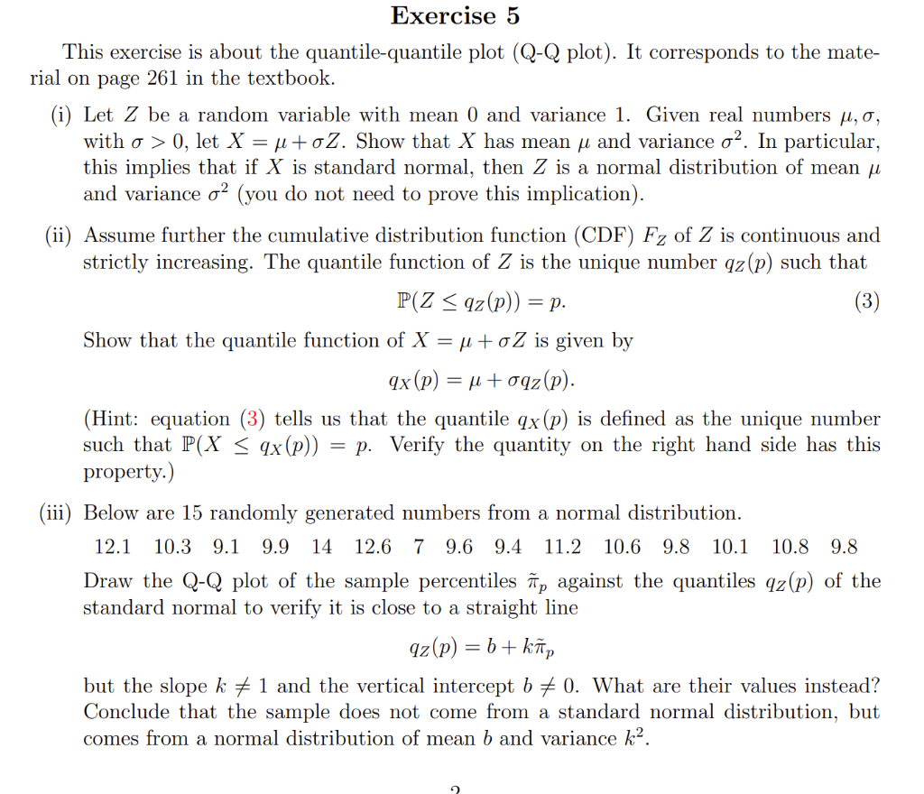 This Exercise Is About The Quantile Quantile Plot