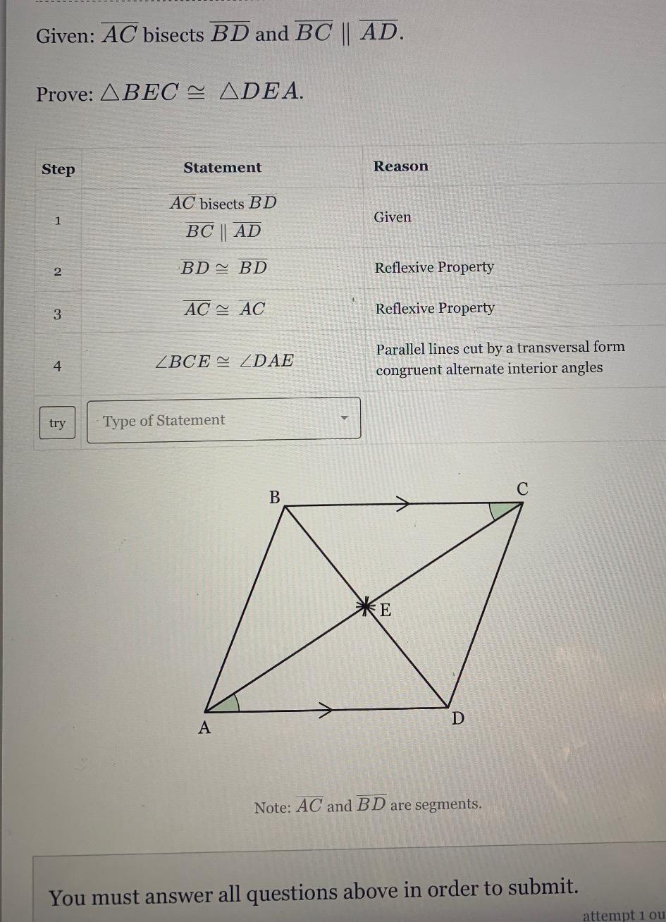 Solved Given: AC bisects BD and BC || AD. Prove: ABEC - | Chegg.com