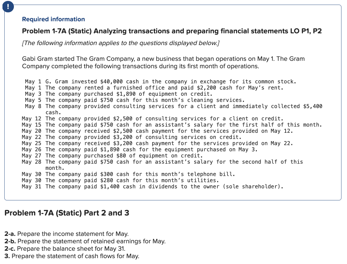 Solved Problem 1-7A (Static) ﻿Part 2 ﻿and 32-a. ﻿Prepare the | Chegg.com