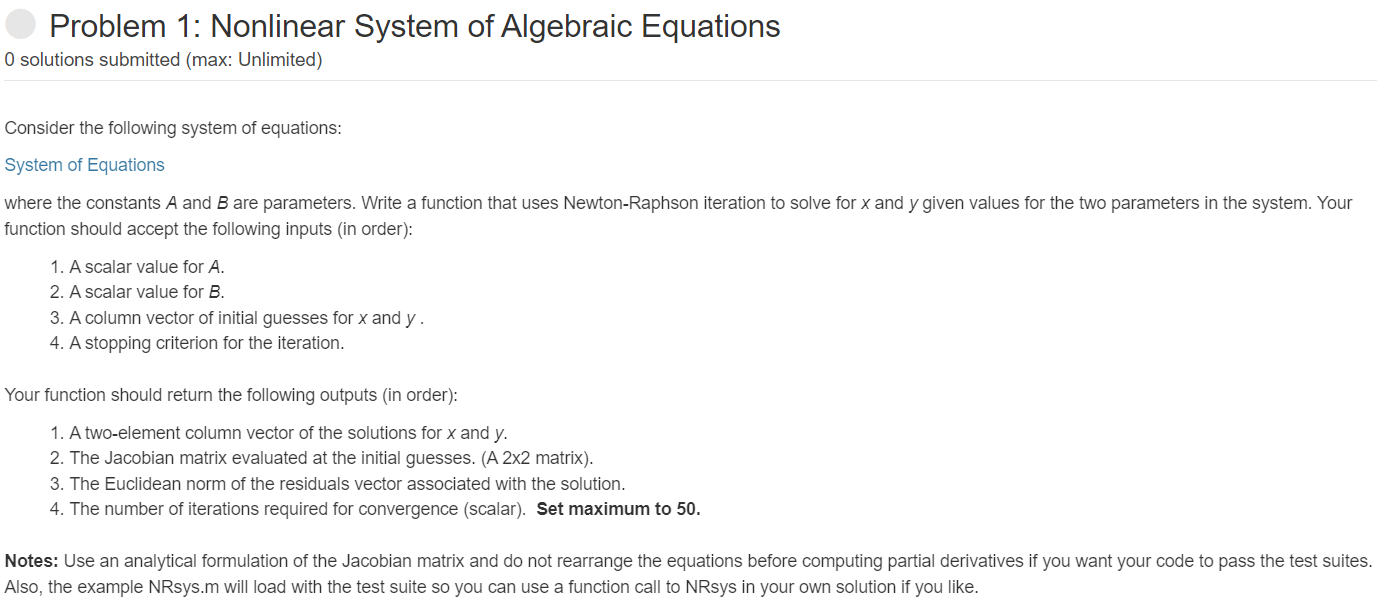 Solved Problem 1: Nonlinear System of Algebraic Equations O | Chegg.com