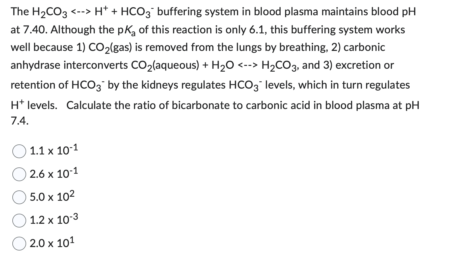 Solved The H2CO3 H++HCO3−buffering system in blood plasma | Chegg.com
