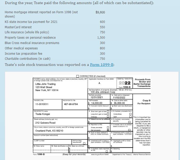 Solved Required: Complete Tsate’s federal tax return for | Chegg.com