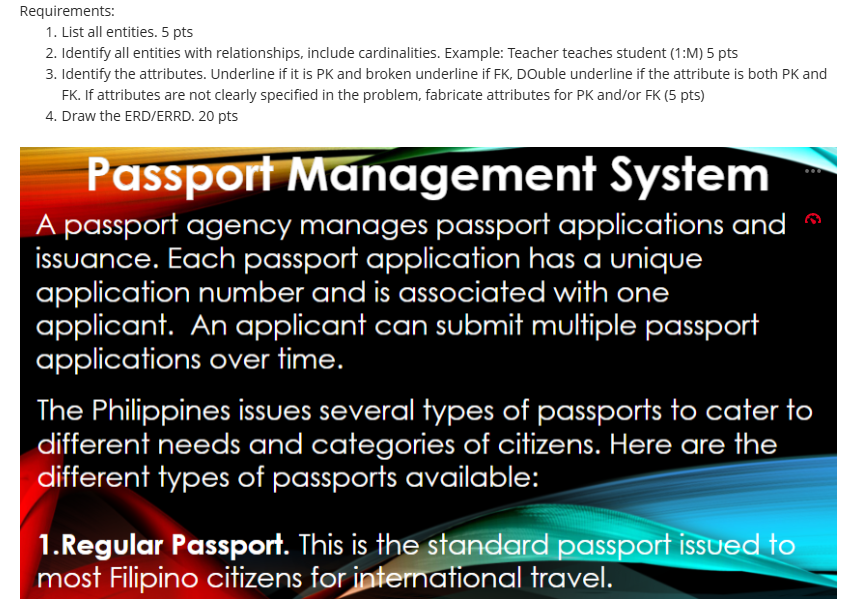 Solved 1. ﻿List all entities. 5 ﻿pts2. ﻿Identify all | Chegg.com