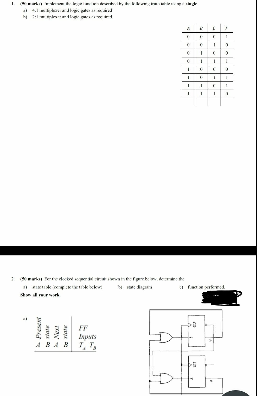 Solved 1. (50 marks) Implement the logic function described | Chegg.com