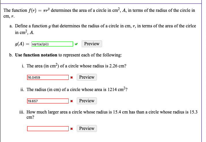Solved Tr2 determines the area of a circle in cm2, A, in | Chegg.com