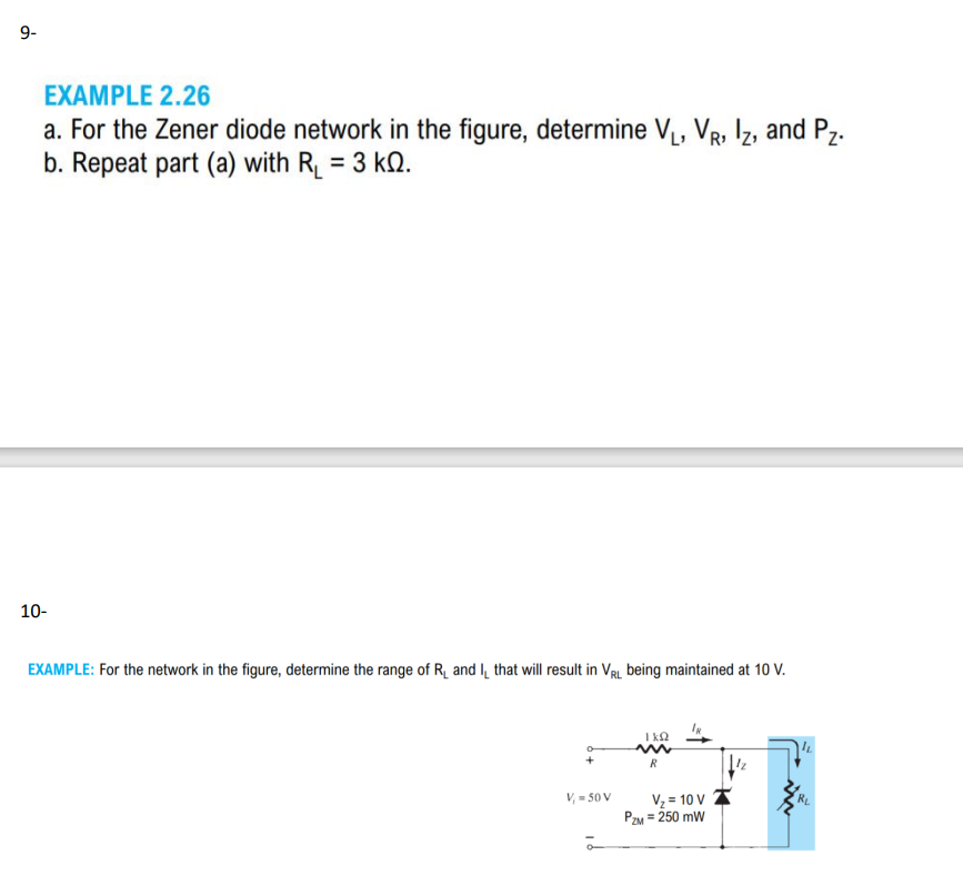Solved 9- EXAMPLE 2.26 a. For the Zener diode network in the | Chegg.com