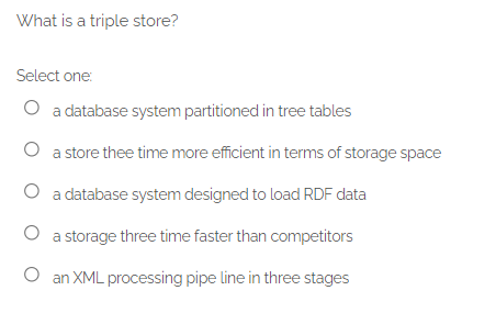 Solved What is a triple store? Select one: a database system | Chegg.com