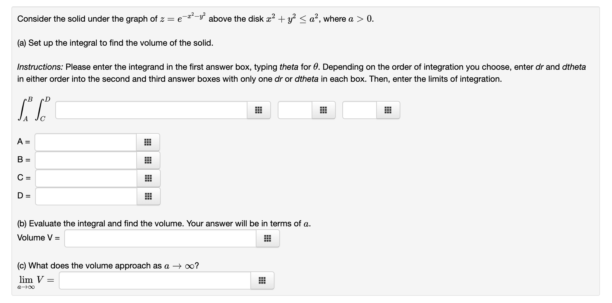 Solved Consider the solid under the graph of z=e−x2−y2 above | Chegg.com