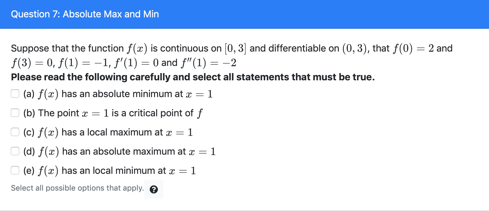 Solved Question 7: Absolute Max and Min Suppose that the | Chegg.com