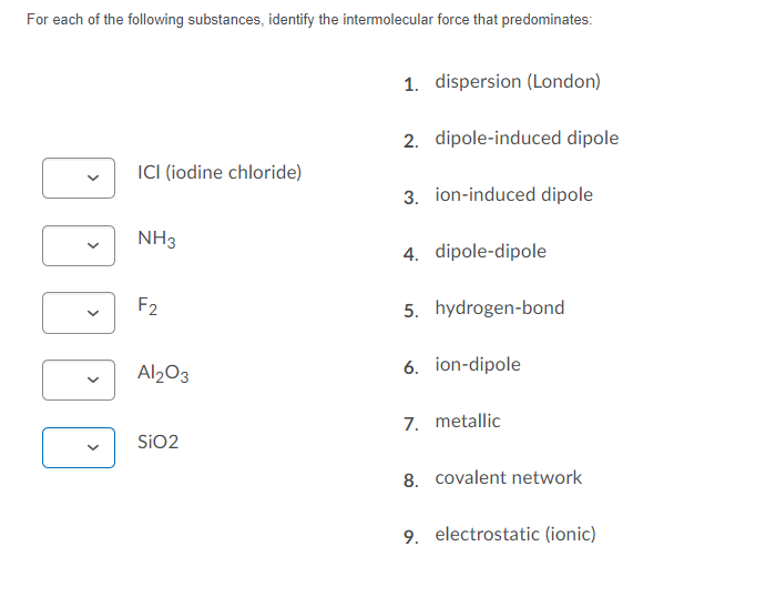 Solved For each of the following substances, identify the | Chegg.com