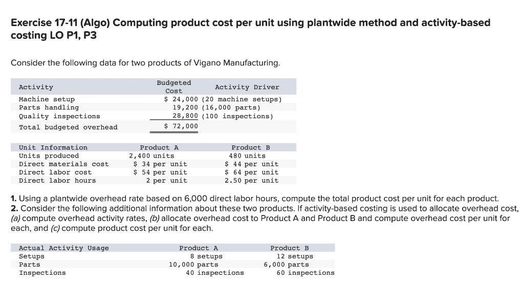 Solved Exercise 17-11 (Algo) Computing product cost per unit | Chegg.com