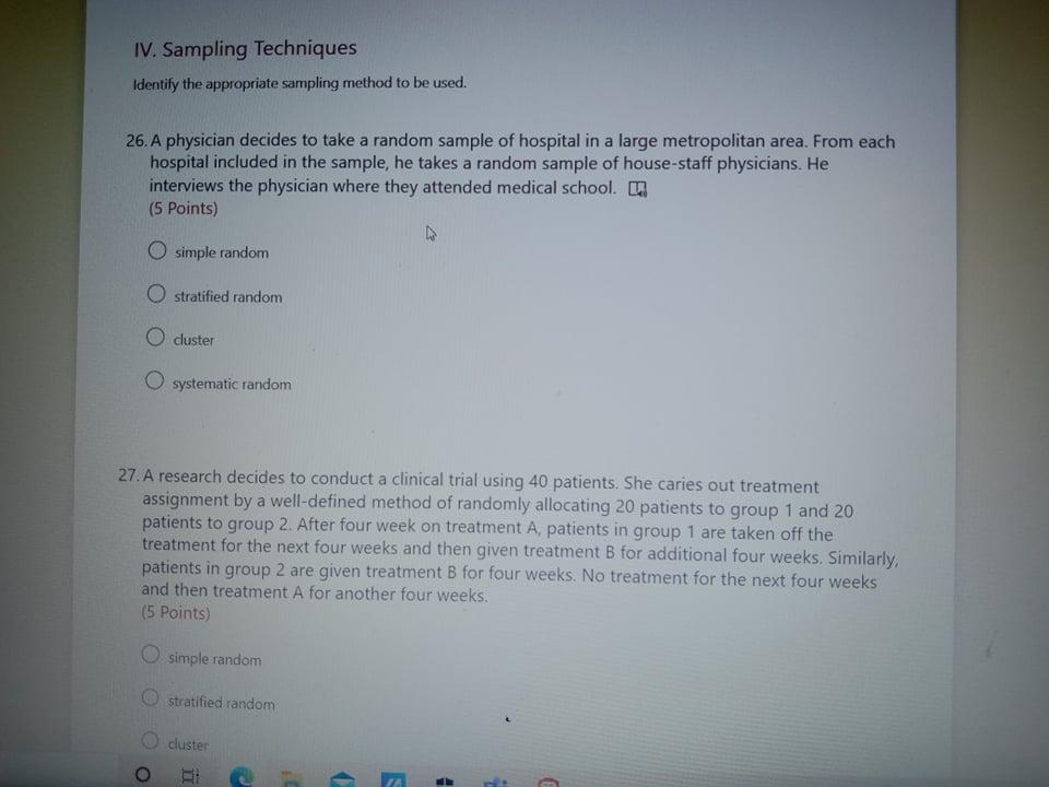 Solved IV. Sampling Techniques Identify the appropriate | Chegg.com