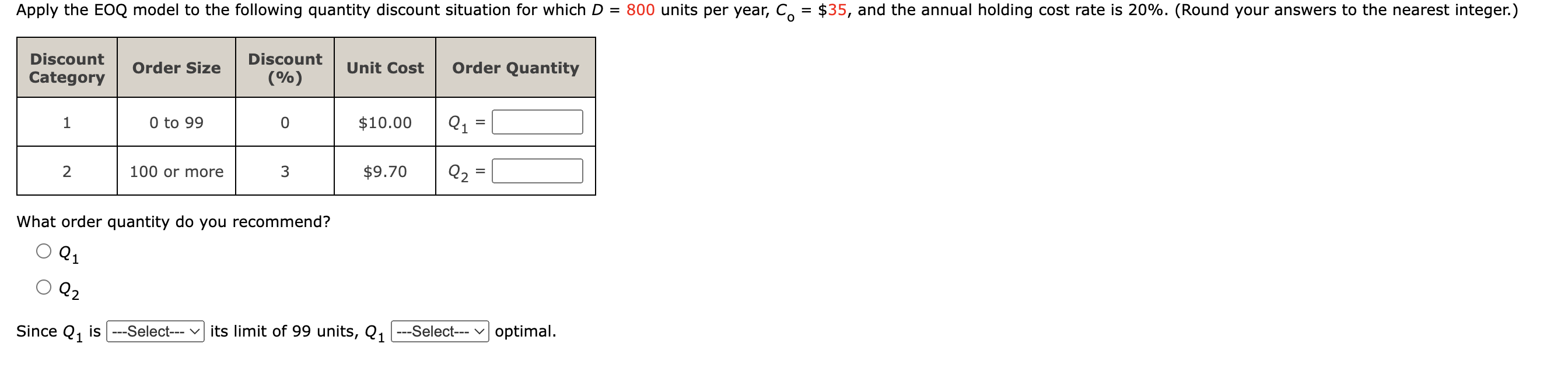 Apply the EOQ model to the following quantity | Chegg.com