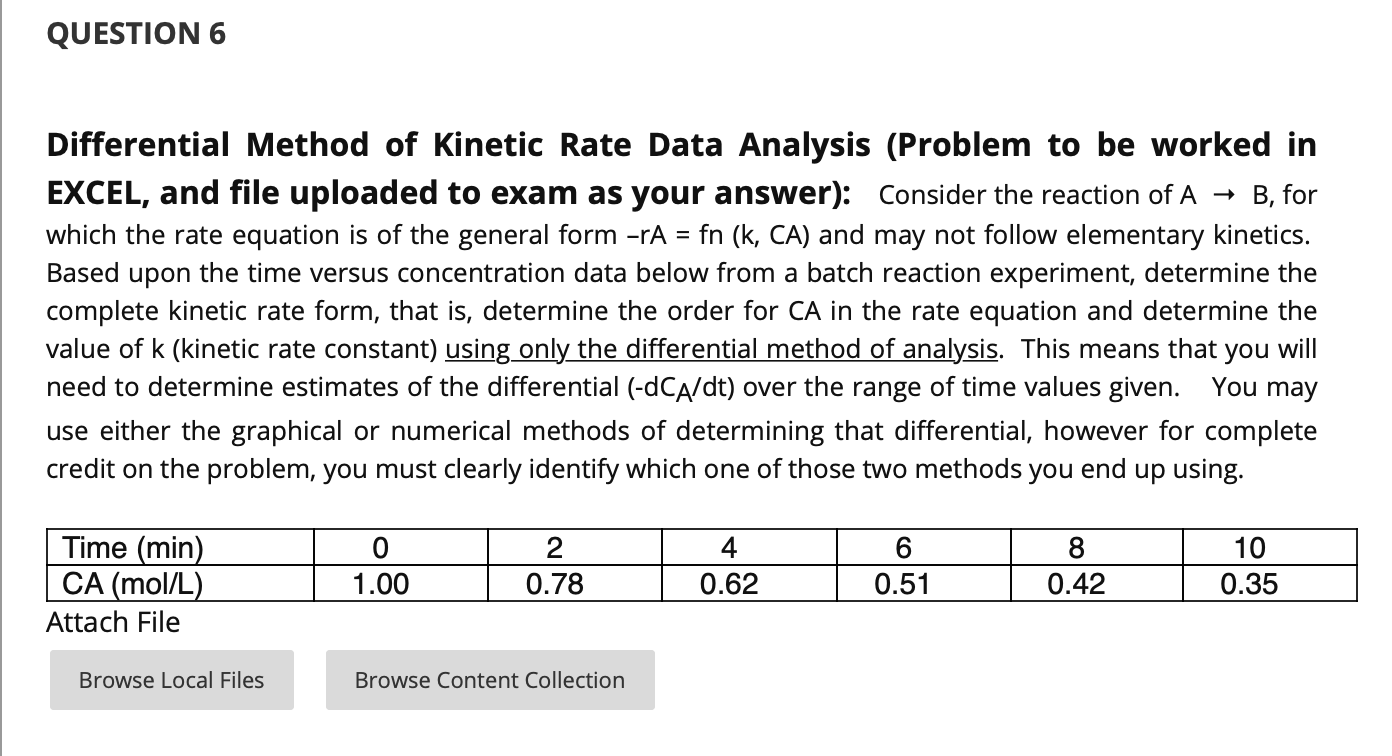 QUESTION 6 Differential Method of Kinetic Rate Data | Chegg.com