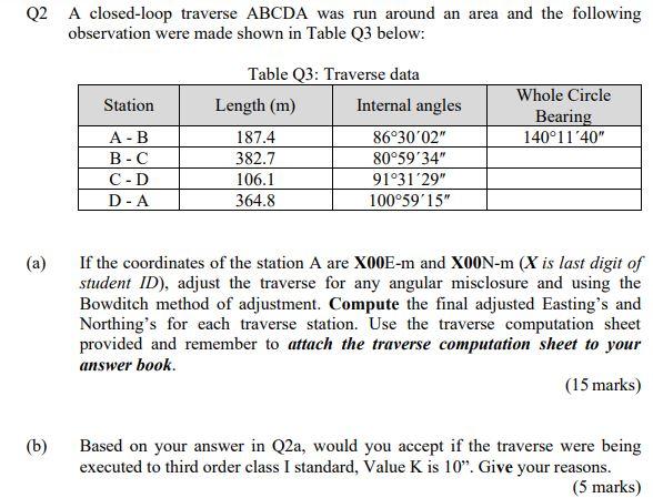 Solved Q2 A Closed Loop Traverse Abcda Was Run Around An 