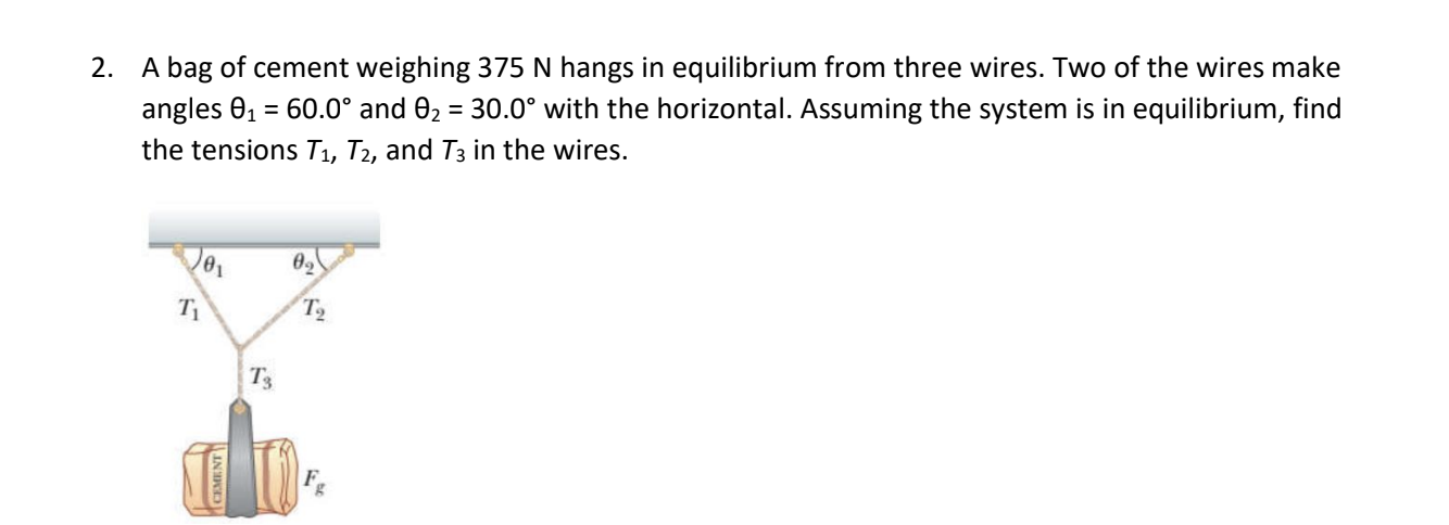 Solved A bag of cement weighing 375 N hangs in equilibrium | Chegg.com