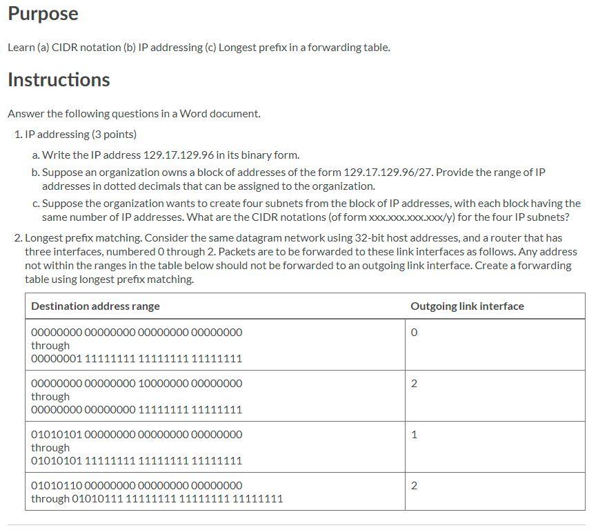 Solved Purpose Learn (a) CIDR notation (b) IP addressing (c) | Chegg.com