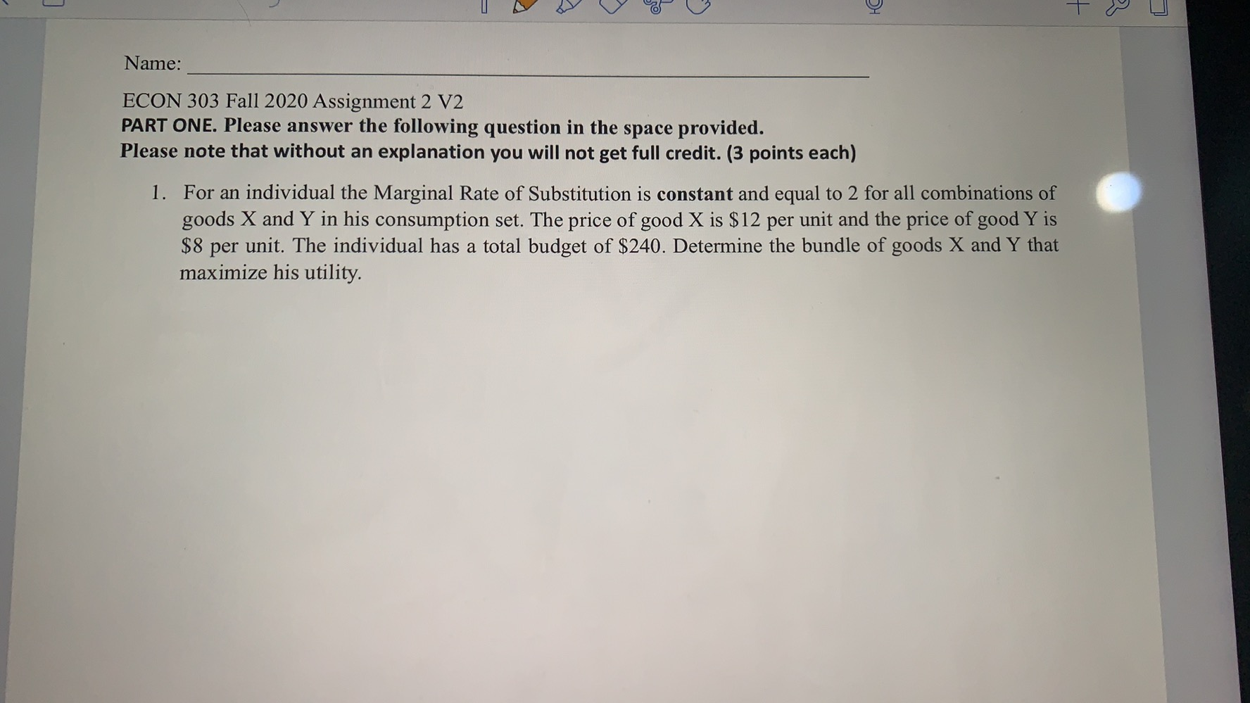 Solved Name Econ 303 Fall 2020 Assignment 2 V2 Part One Chegg