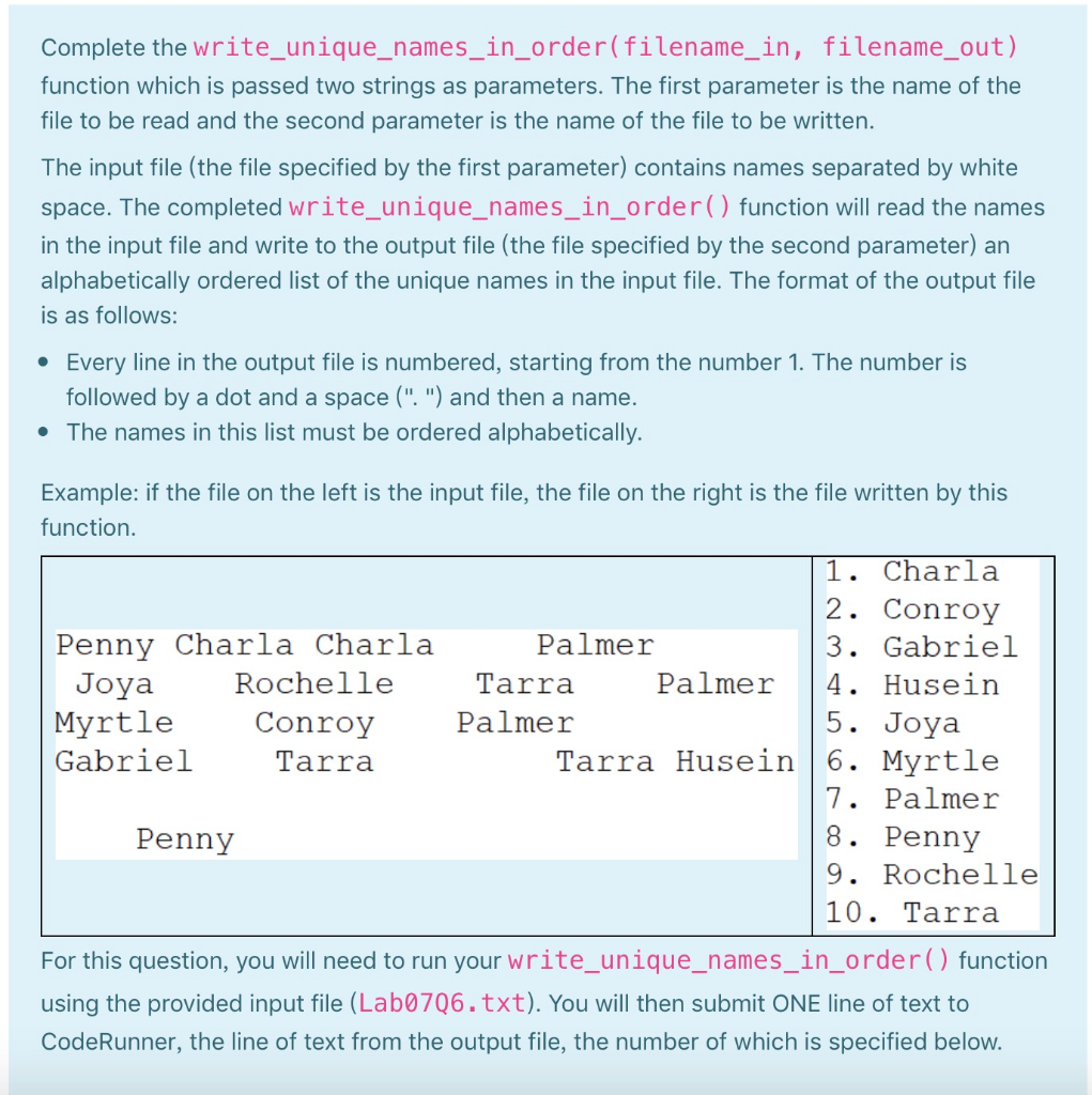 Solved Complete the write_unique_names_in_order(filename_in, | Chegg.com