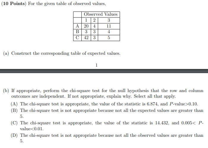 Solved (10 Points) For the given table of observed values, | Chegg.com