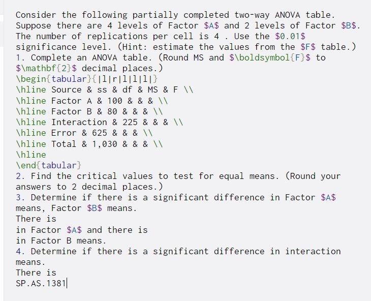 Solved Consider the following partially completed two-way | Chegg.com