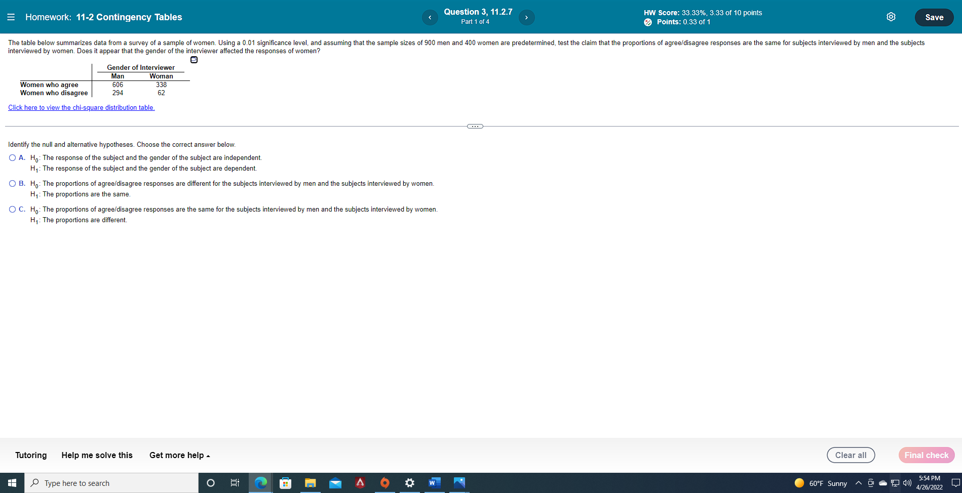 Solved = Homework: 11-2 Contingency Tables Question 3, | Chegg.com