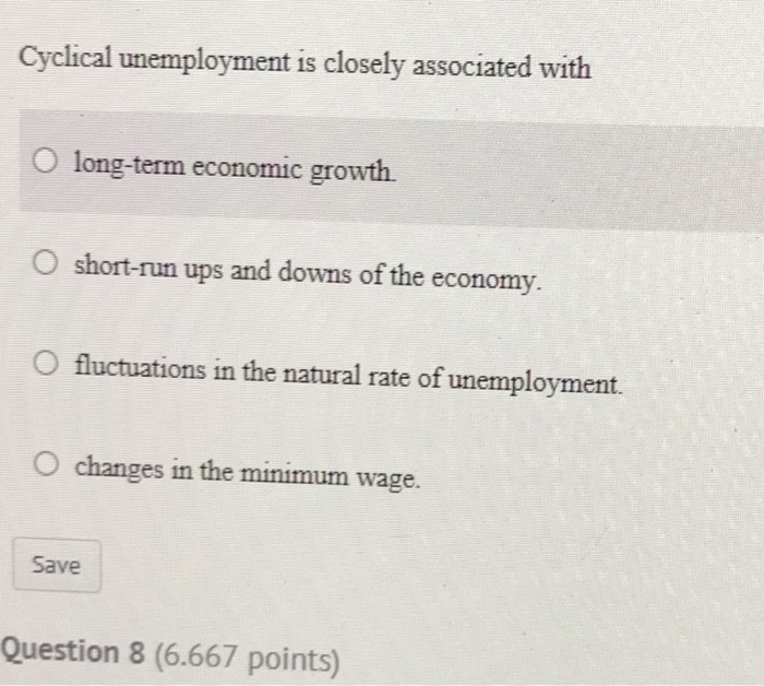 Solved Cyclical unemployment is closely associated with | Chegg.com