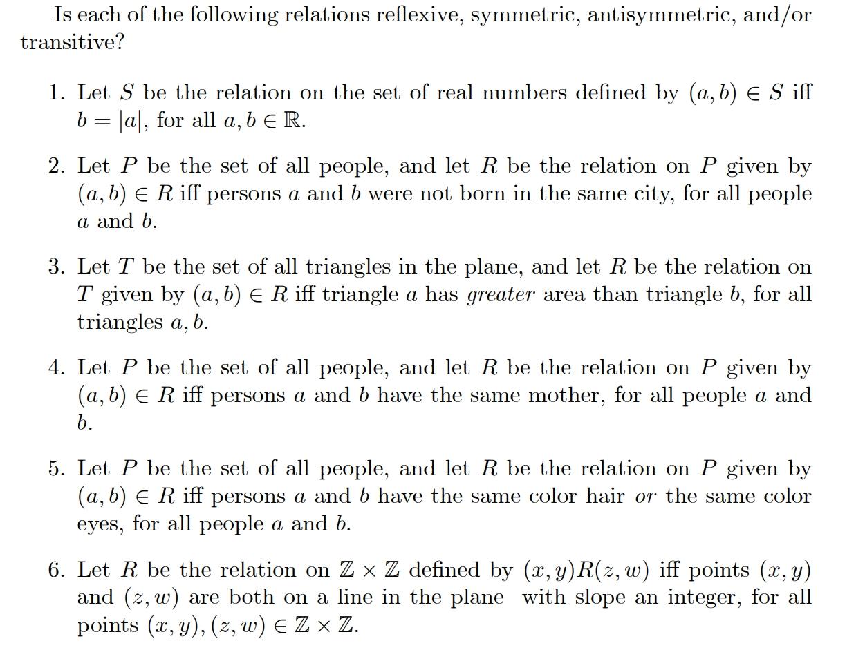 Solved Is each of the following relations reflexive, | Chegg.com