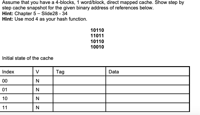 Solved Assume that you have a 4-blocks, 1 word/block, direct | Chegg.com