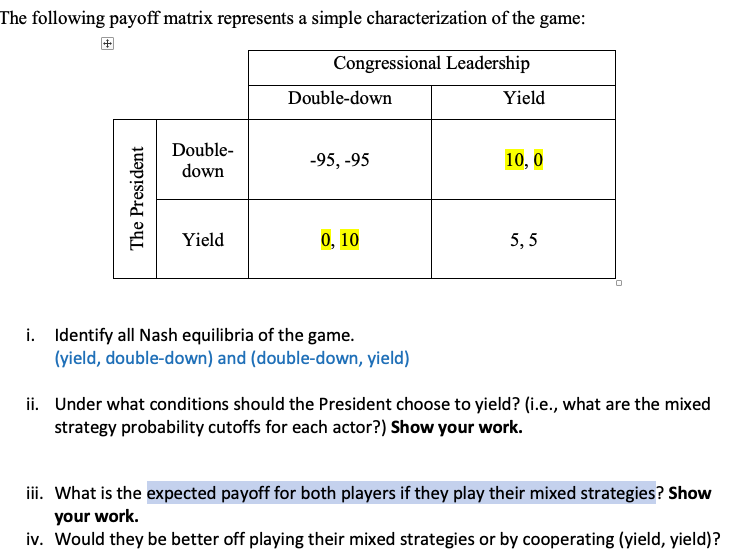 Solved The following payoff matrix represents a simple | Chegg.com